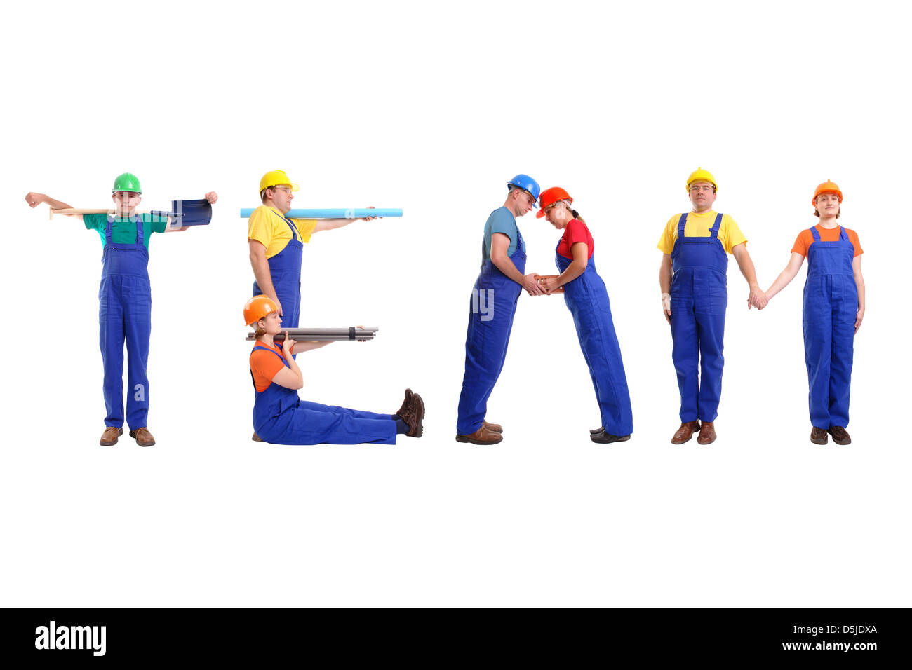 Group of young people wearing different color uniforms and hard hats ...