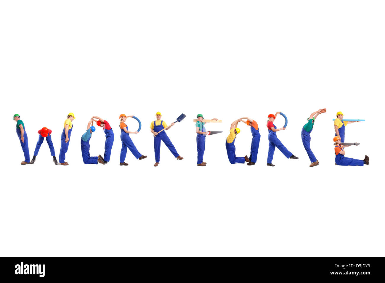 Group of young people wearing different color uniforms and hard hats ...