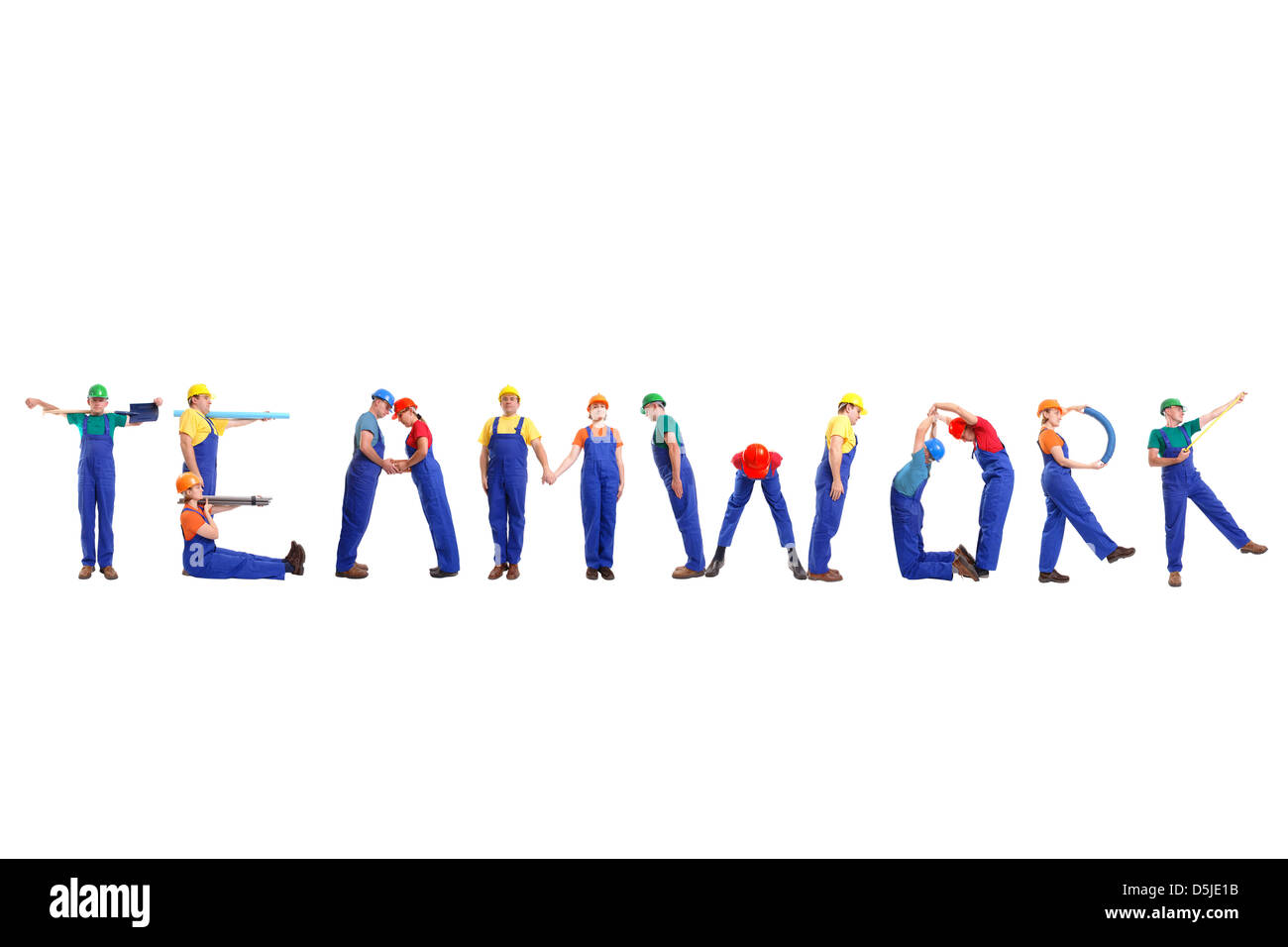 Group of young people wearing different color uniforms and hard hats ...