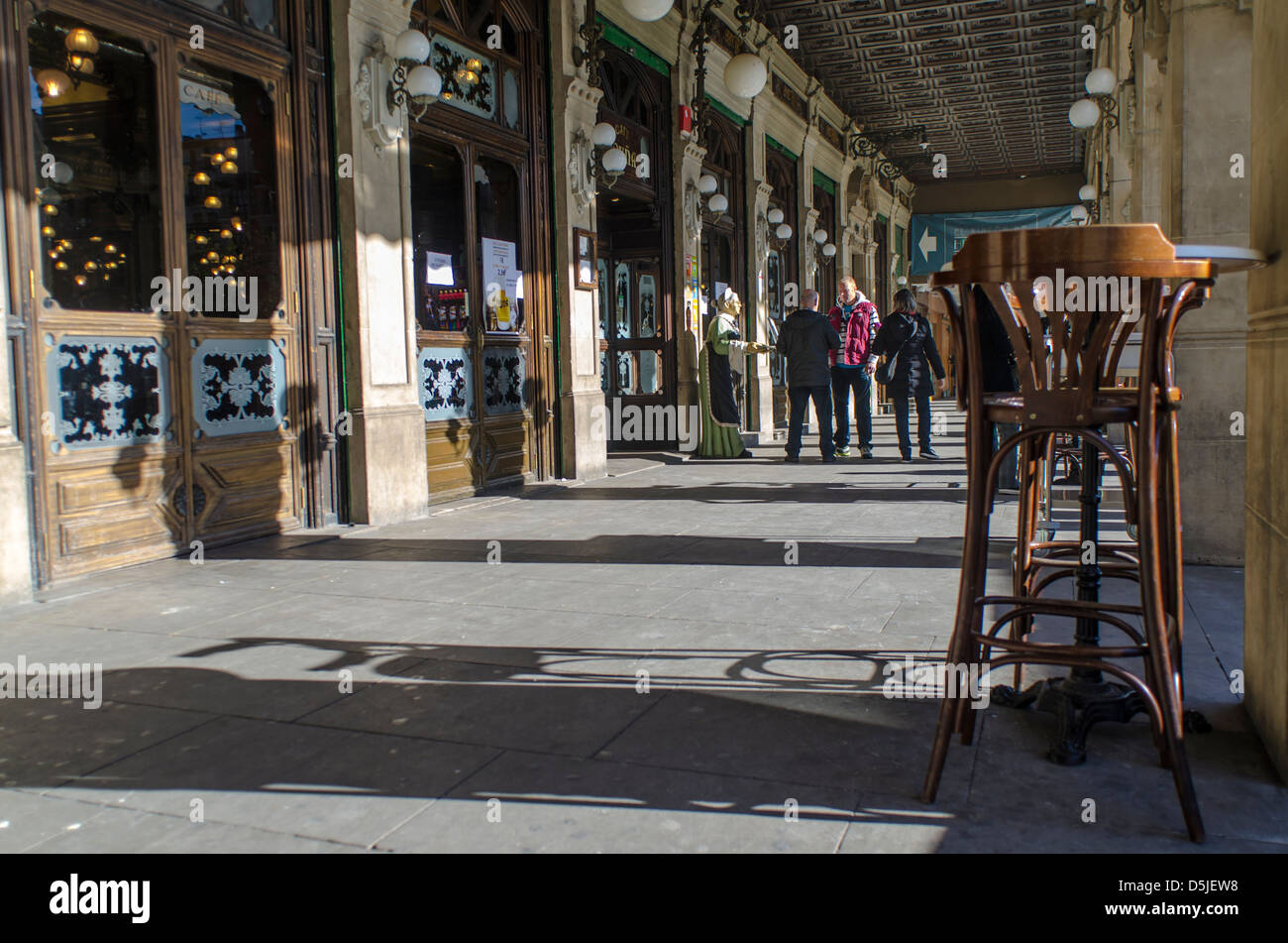 Famous arcade of Iruña restaurant at Castle square, Pamplona, Navarre ...