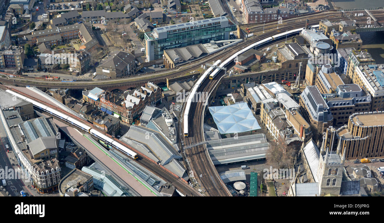 Aerial view of railway junction outside London Bridge train station ...