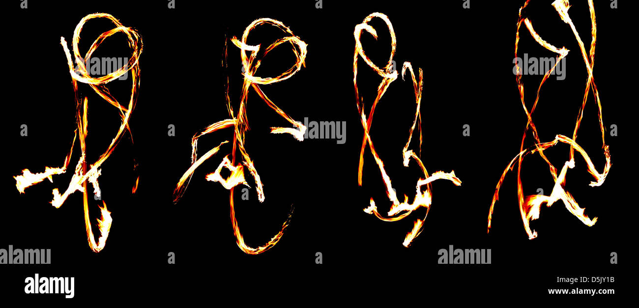 Collage of abstract glowing fire lines over black background Stock ...
