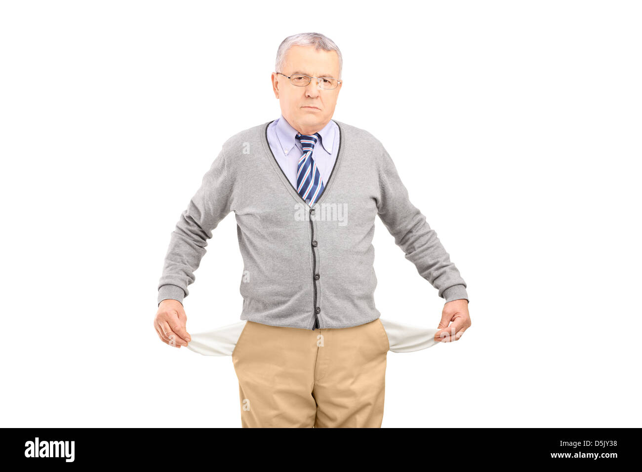Senior man with empty pockets, isolated on white background Stock Photo ...