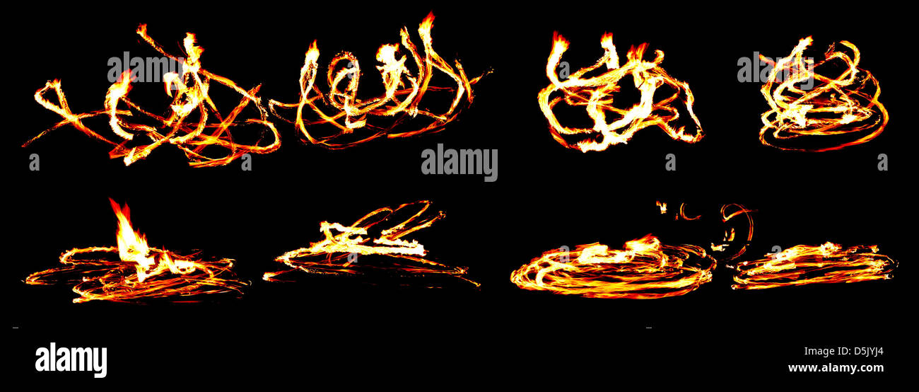 Collage of abstract glowing fire shapes, black background Stock Photo ...