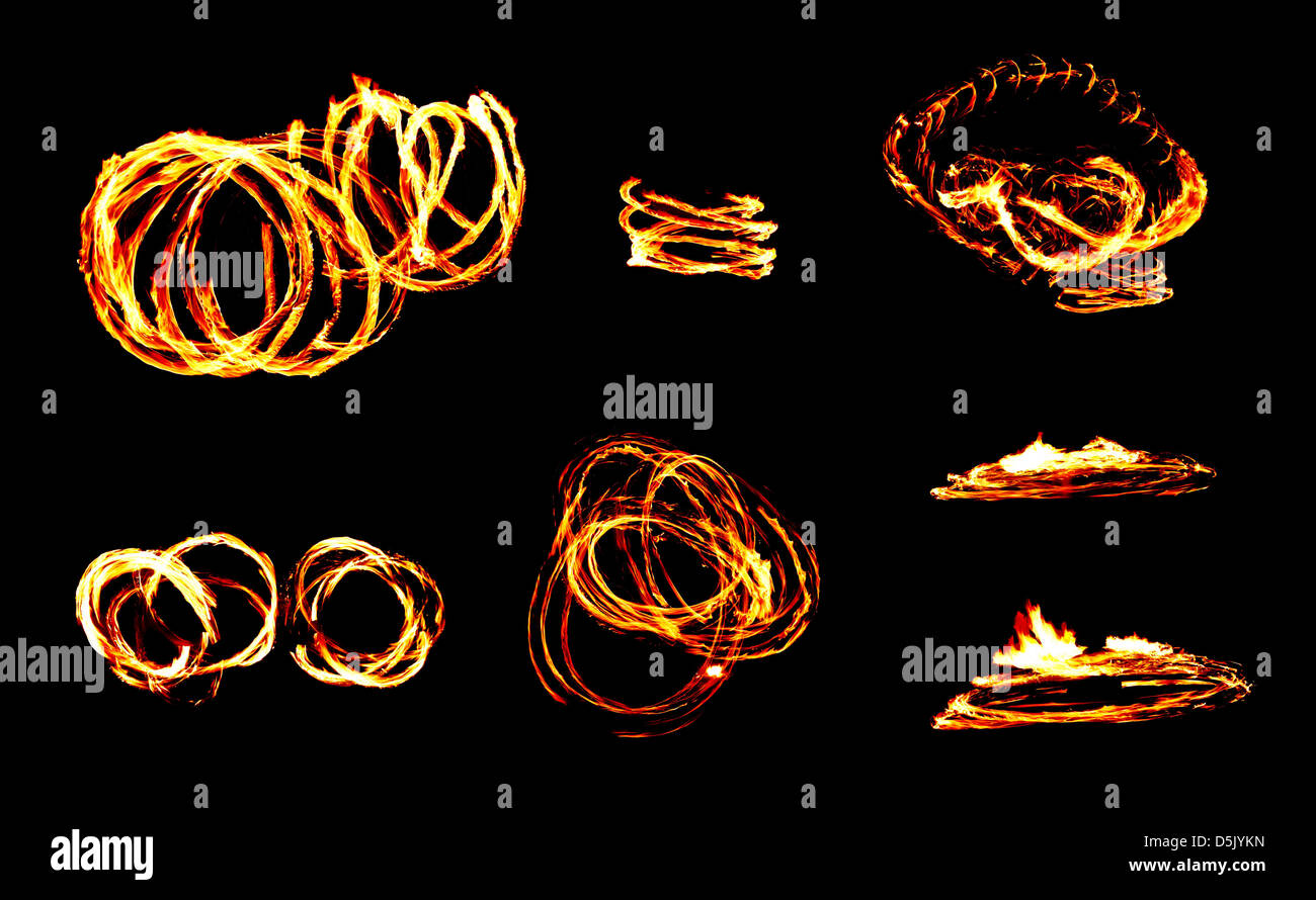 Glowing fire swirls over black background, collage Stock Photo - Alamy
