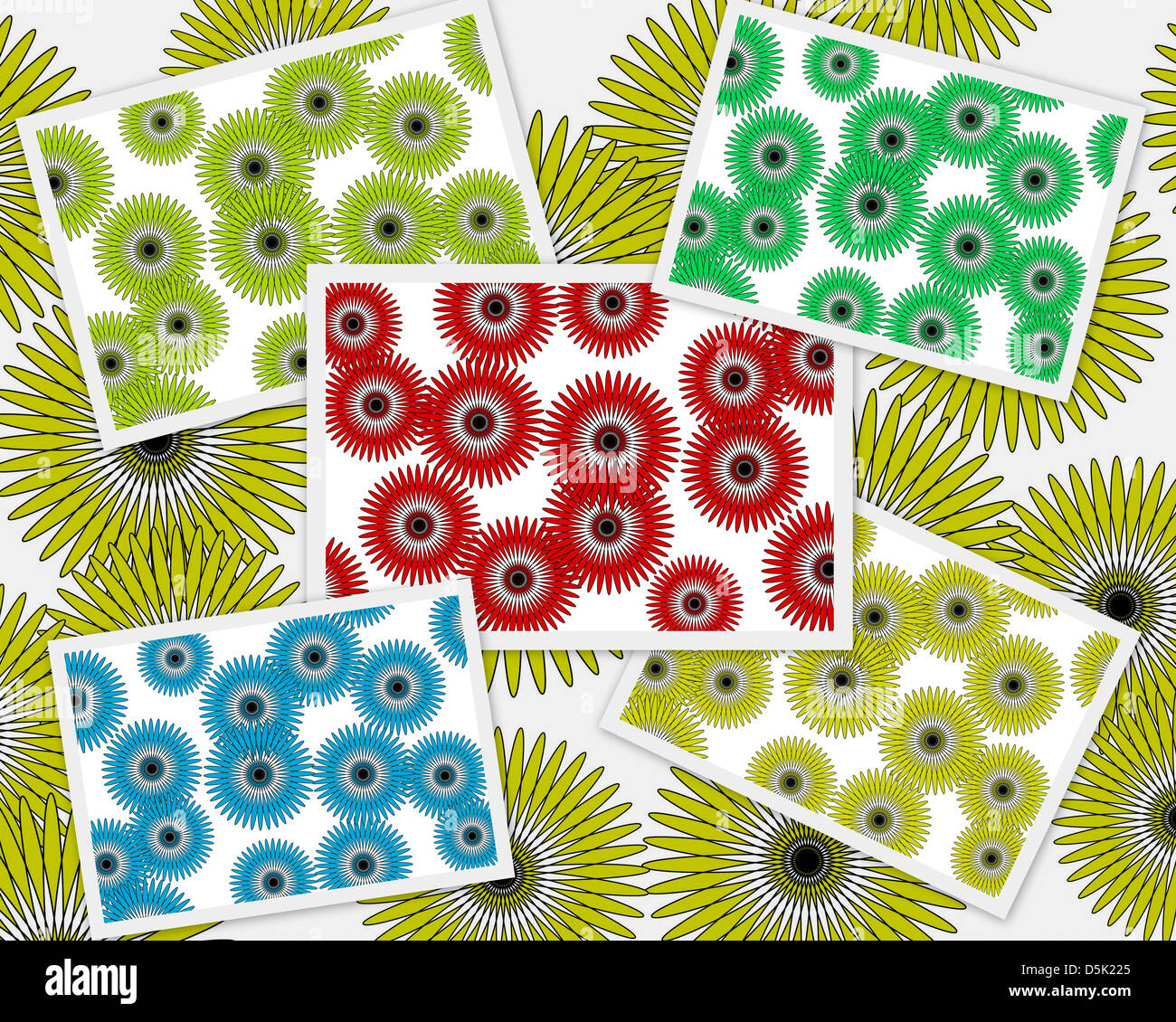 A bright collage modern abstract design with floral daisy motifs in red ...