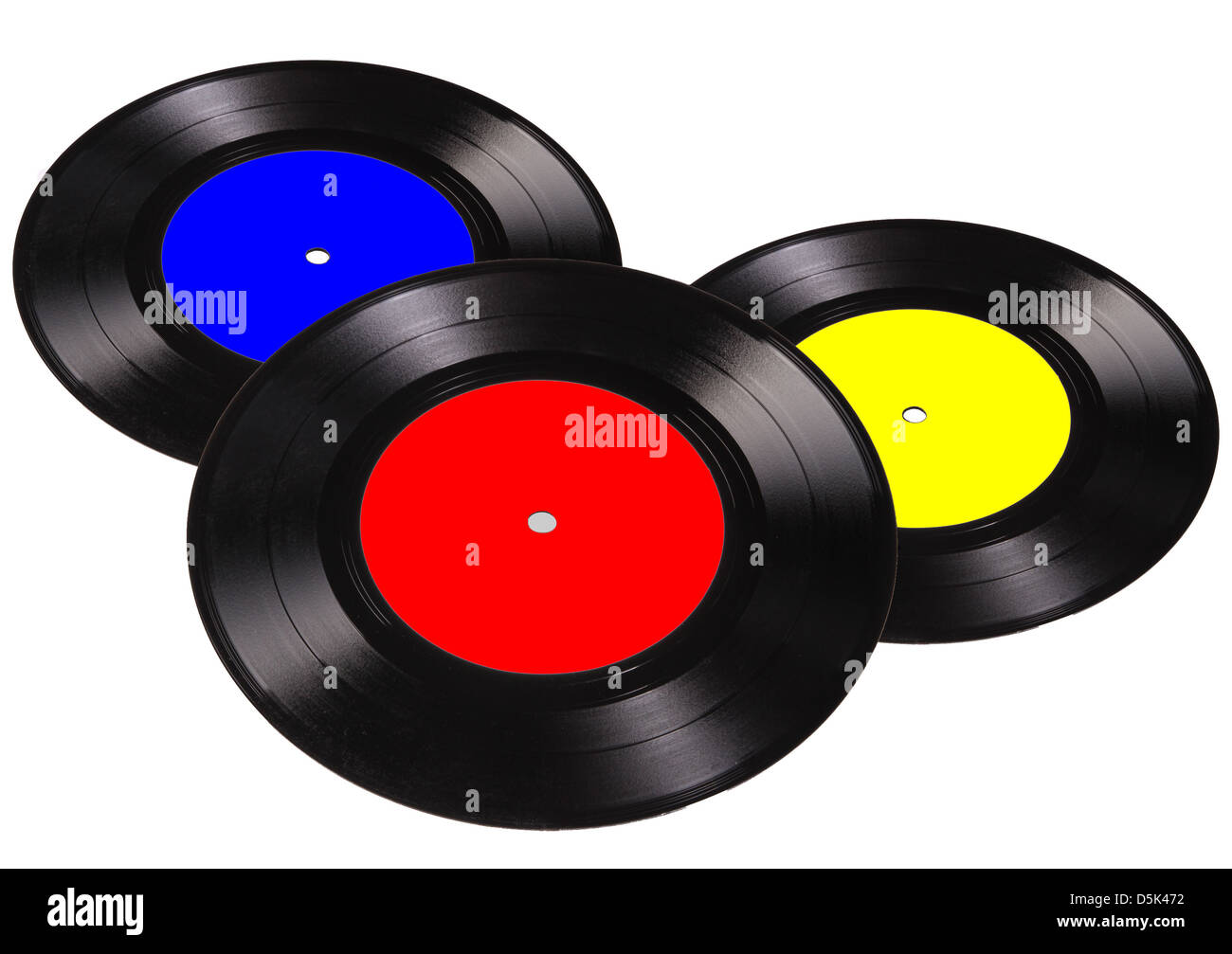 Three vinyl records with interfaces in primary colors isolated on white ...