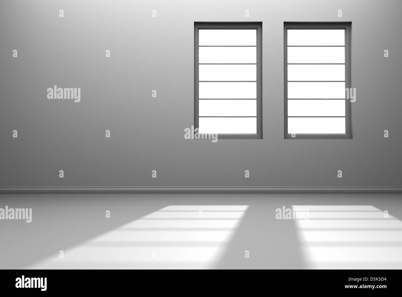 An empty white room with two windows with sunlight streaming in Stock ...