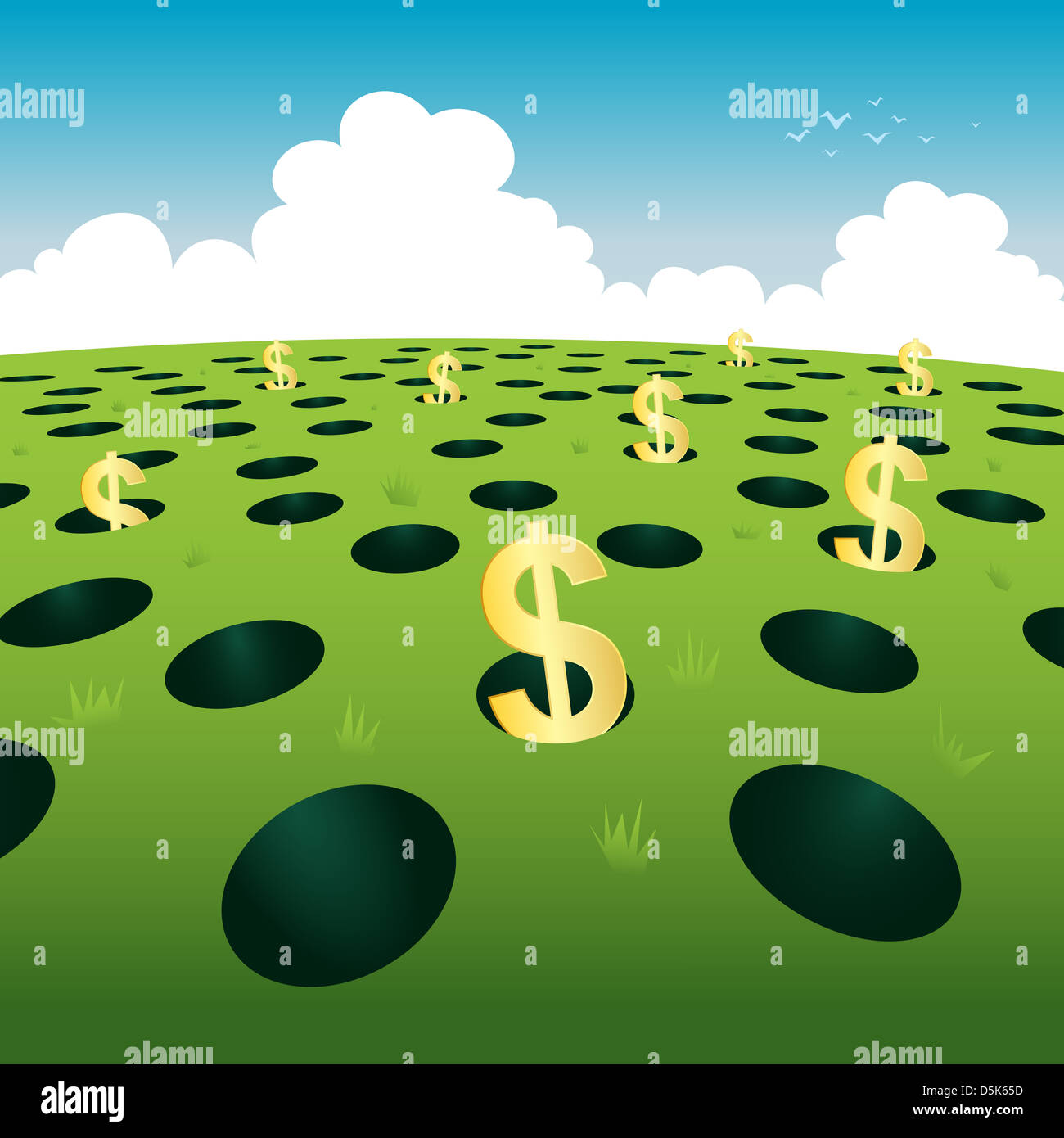 Vector illustration of gold dollar symbols on lots of holes on the ...