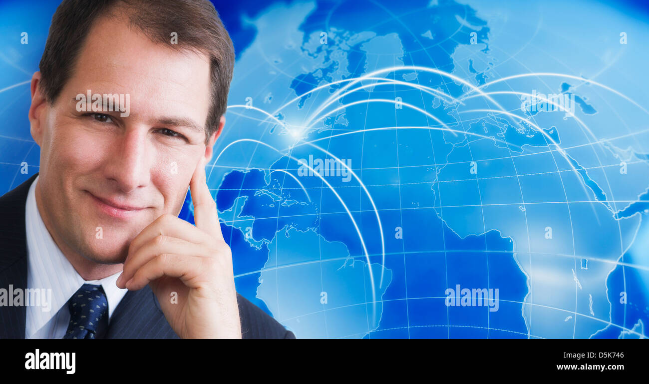 Portrait of businessman with world map in background Stock Photo - Alamy