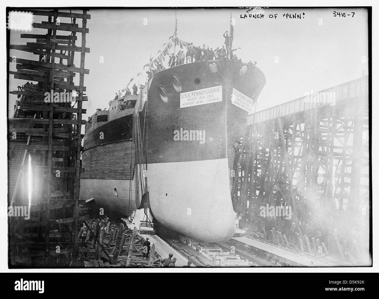 This photograph captures the launch of the USS Pennsylvania (BB-38), a ...