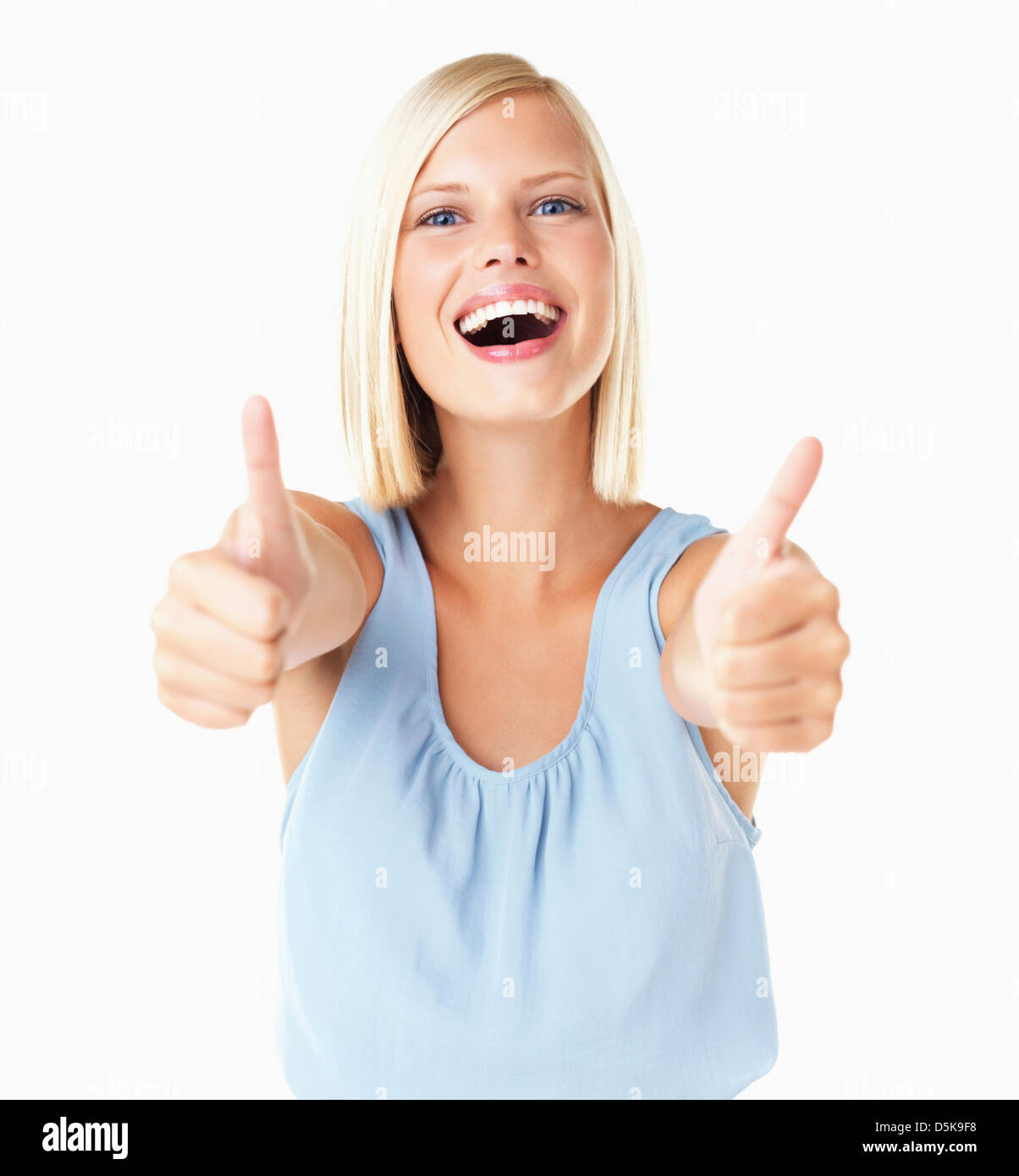 Blonde woman standing thumbs up hi-res stock photography and images - Alamy
