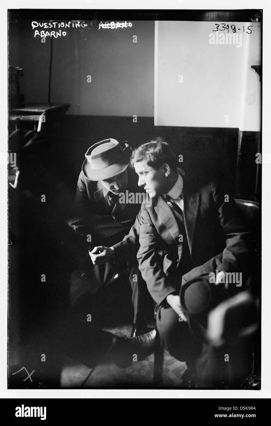 A historical photograph from 1915 depicting the questioning of Abarno ...