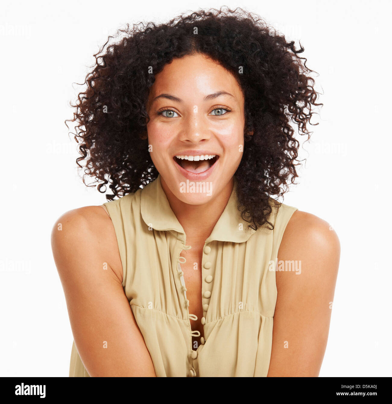 Young woman, curly hair, smile Cut Out Stock Images & Pictures - Alamy