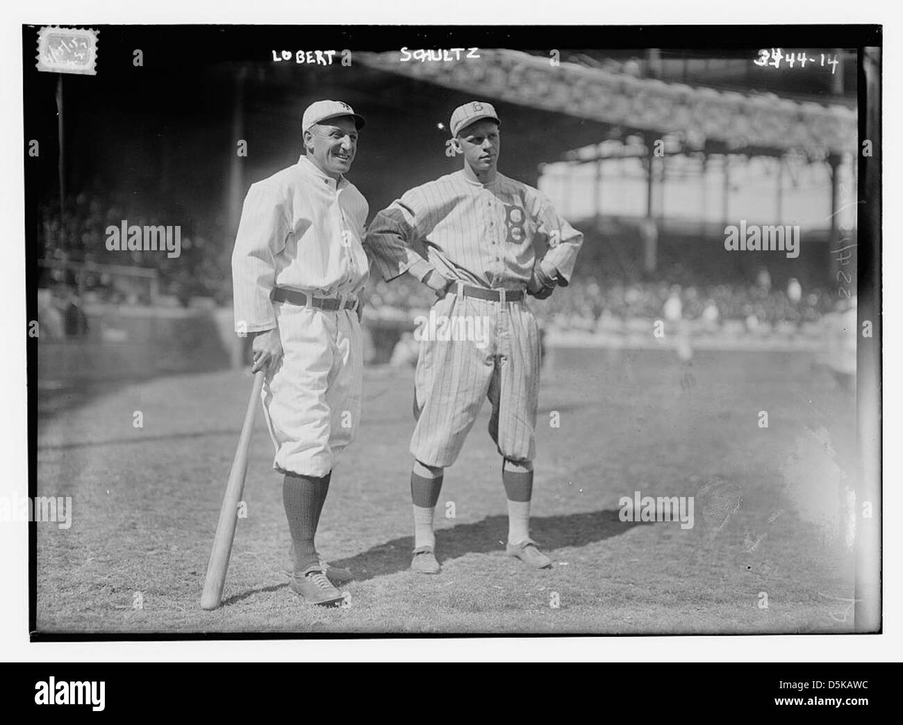 This photograph captures Hans Lobert and Joe Schultz, both infielders ...