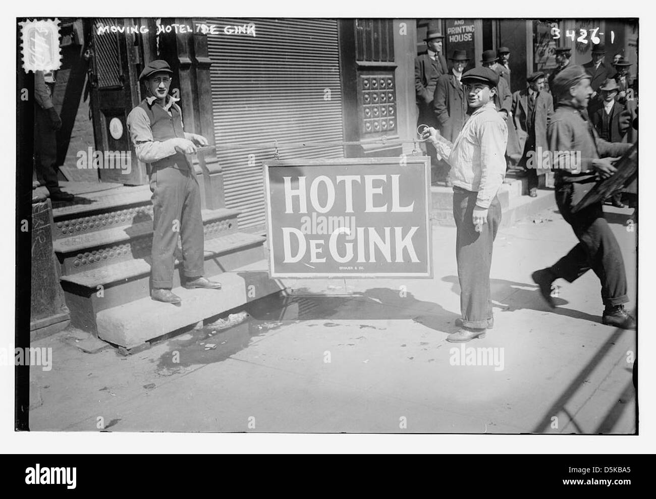 A historical photograph showing the signage of the Hotel de Gink, an ...