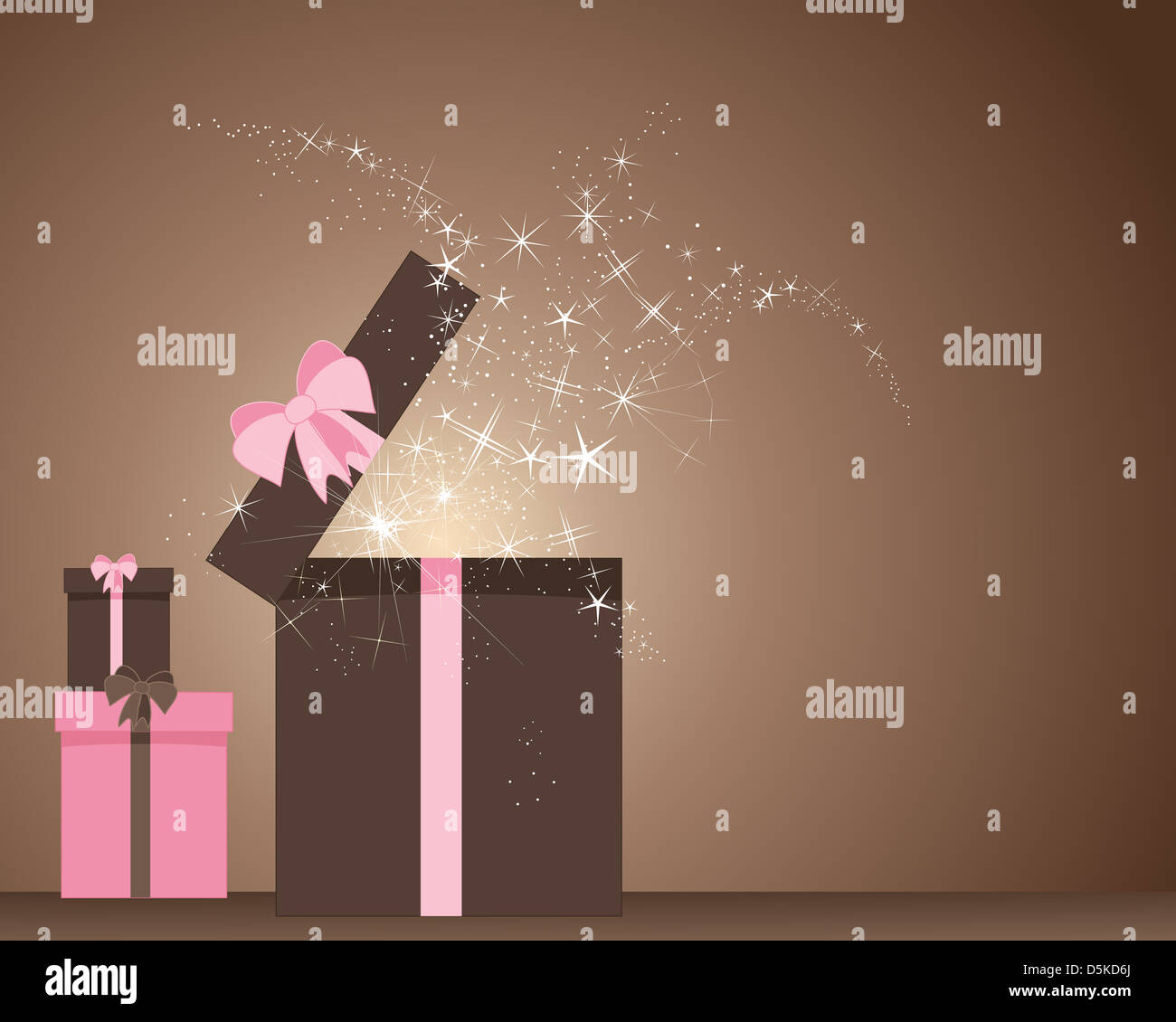 an illustration of a pink and brown magic gift box opening up with ...