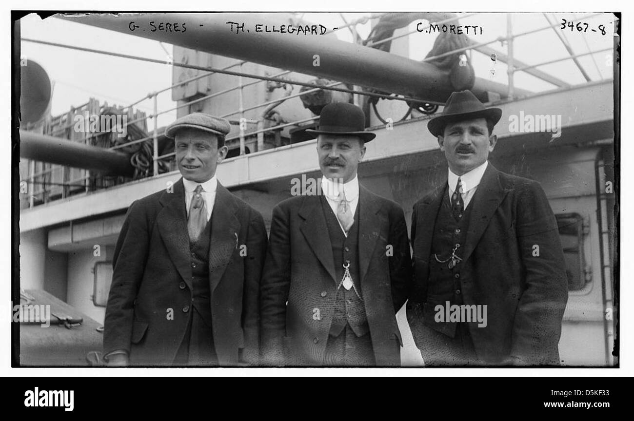 A photograph featuring cyclists G. Seres, Th. Ellegaard, and C. Moretti ...