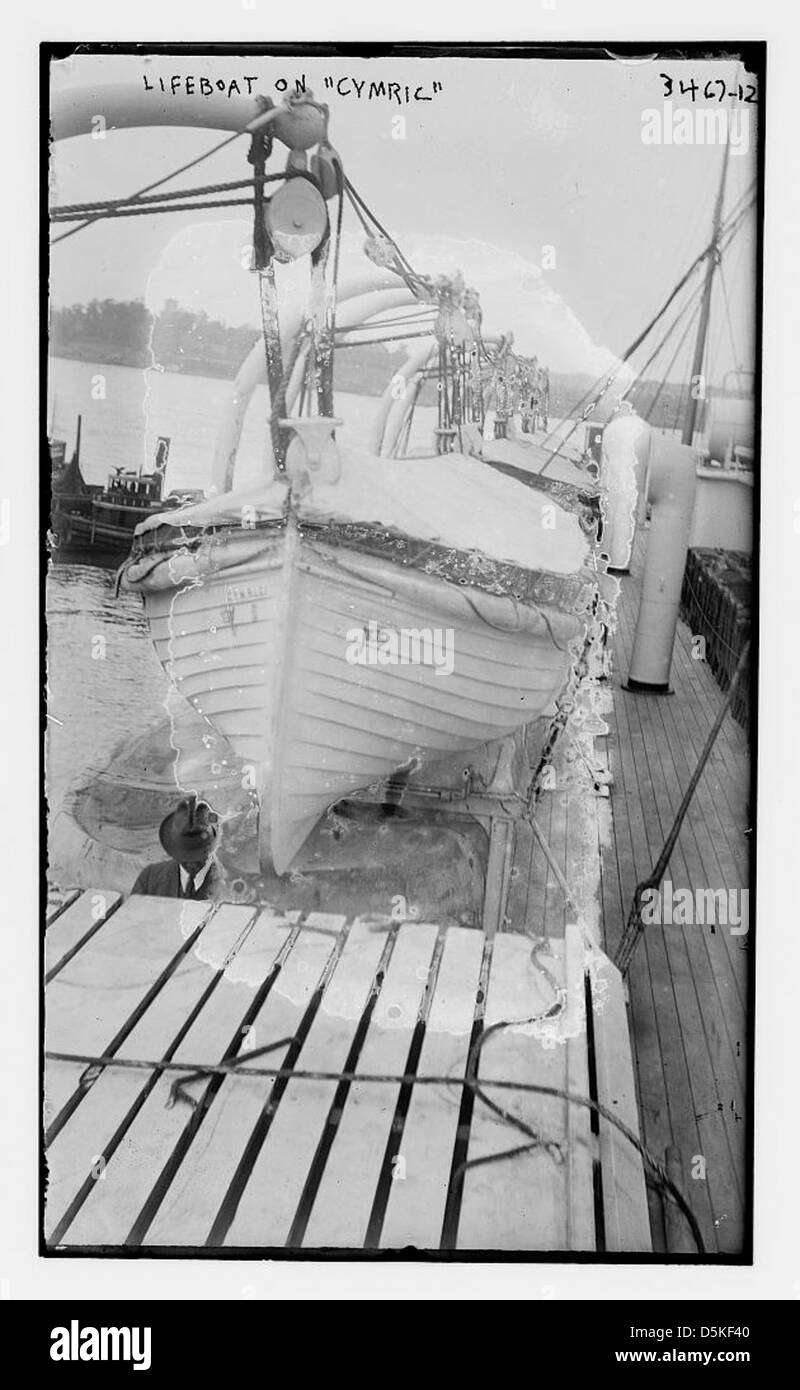 This image shows a lifeboat aboard the SS Cymric, an ocean liner. The ...