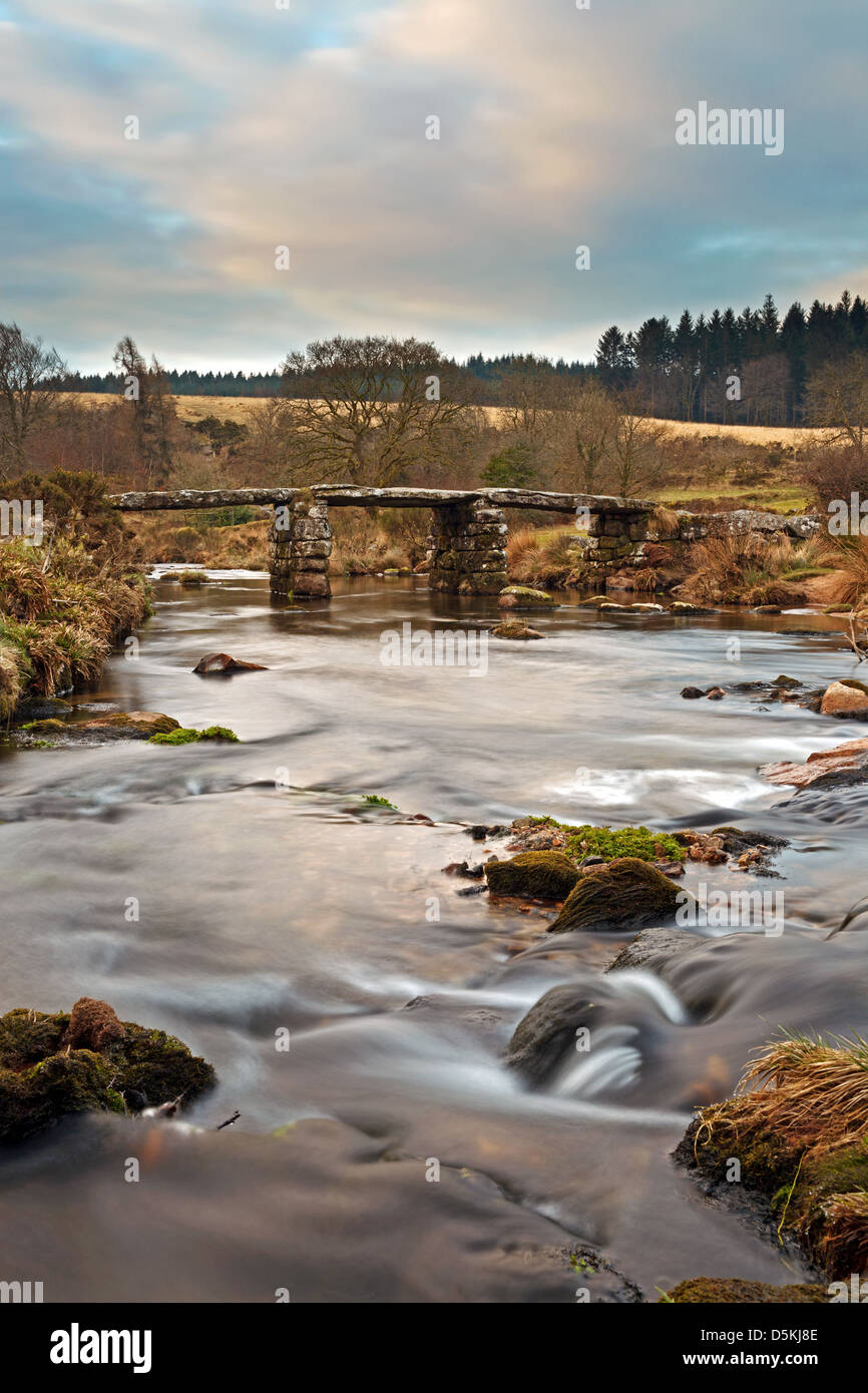 The old Clapper Bridge at Postbridge in the heart of Dartmoor National ...