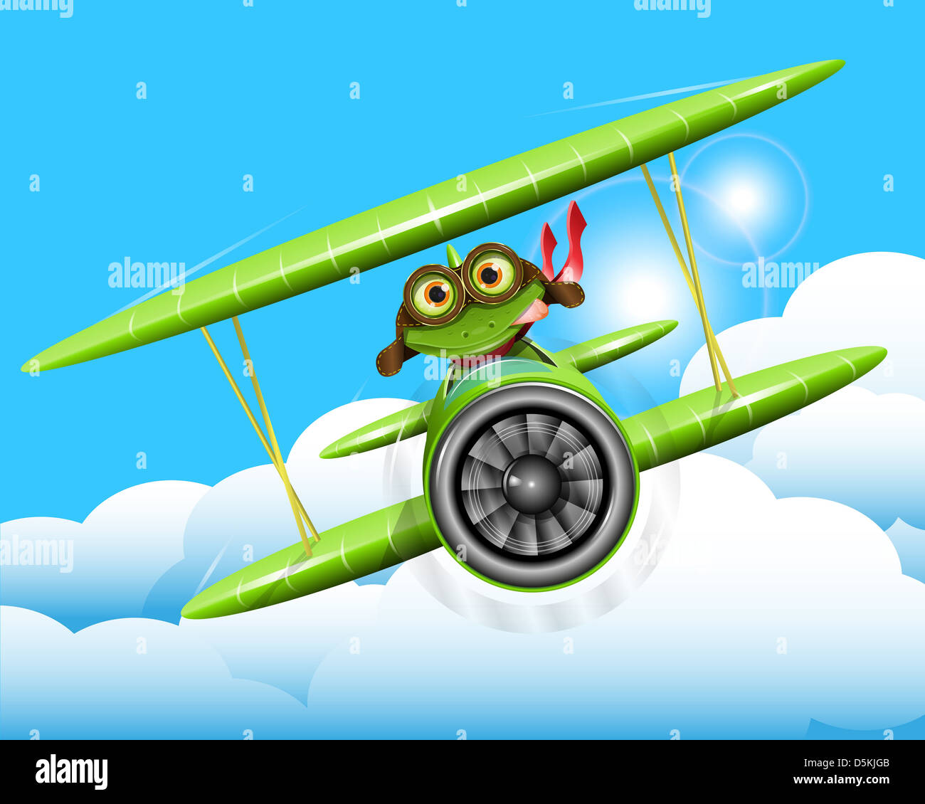illustration merry green frog pilot in the plane Stock Photo - Alamy