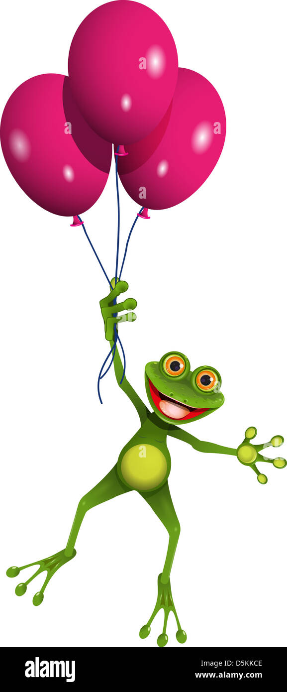 illustration flying fun green frog in balloons Stock Photo - Alamy