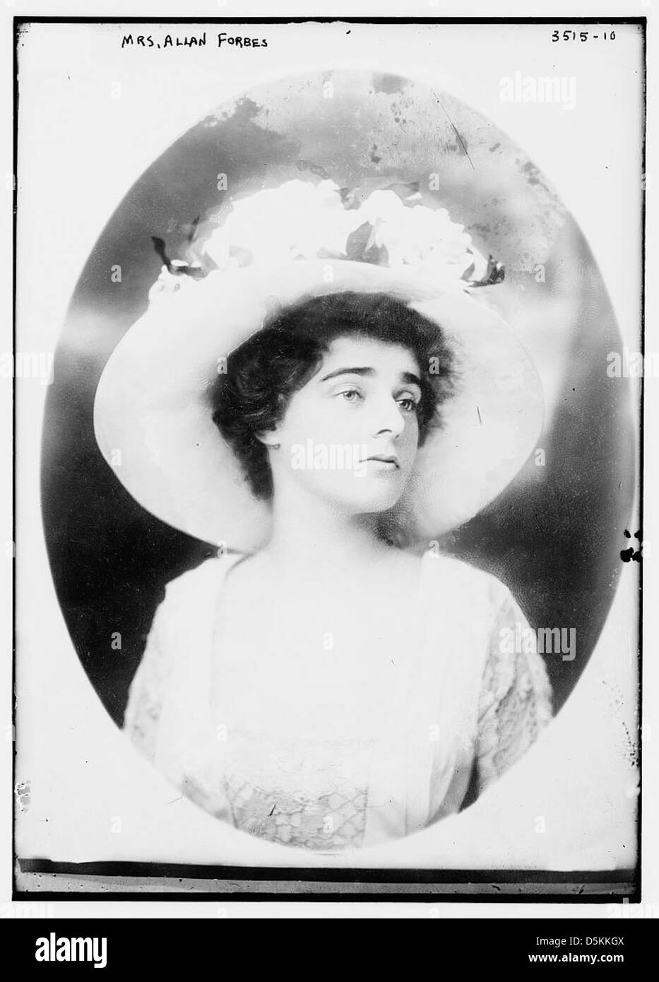 A portrait of Mrs. Allan Forbes, dressed in a white dress and hat ...
