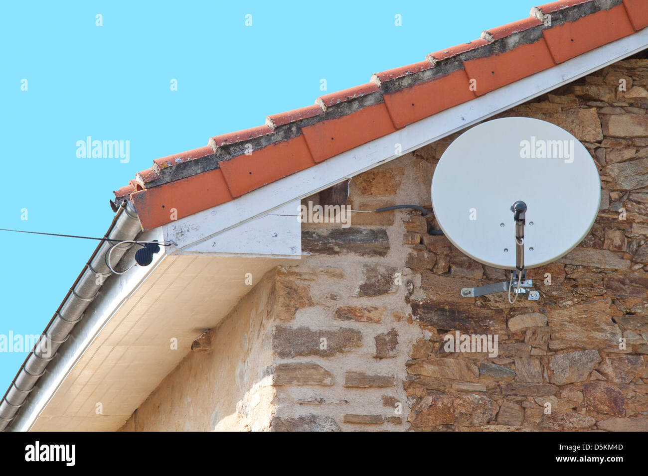 Satelite dish close up on the wall near the roof top used as background ...