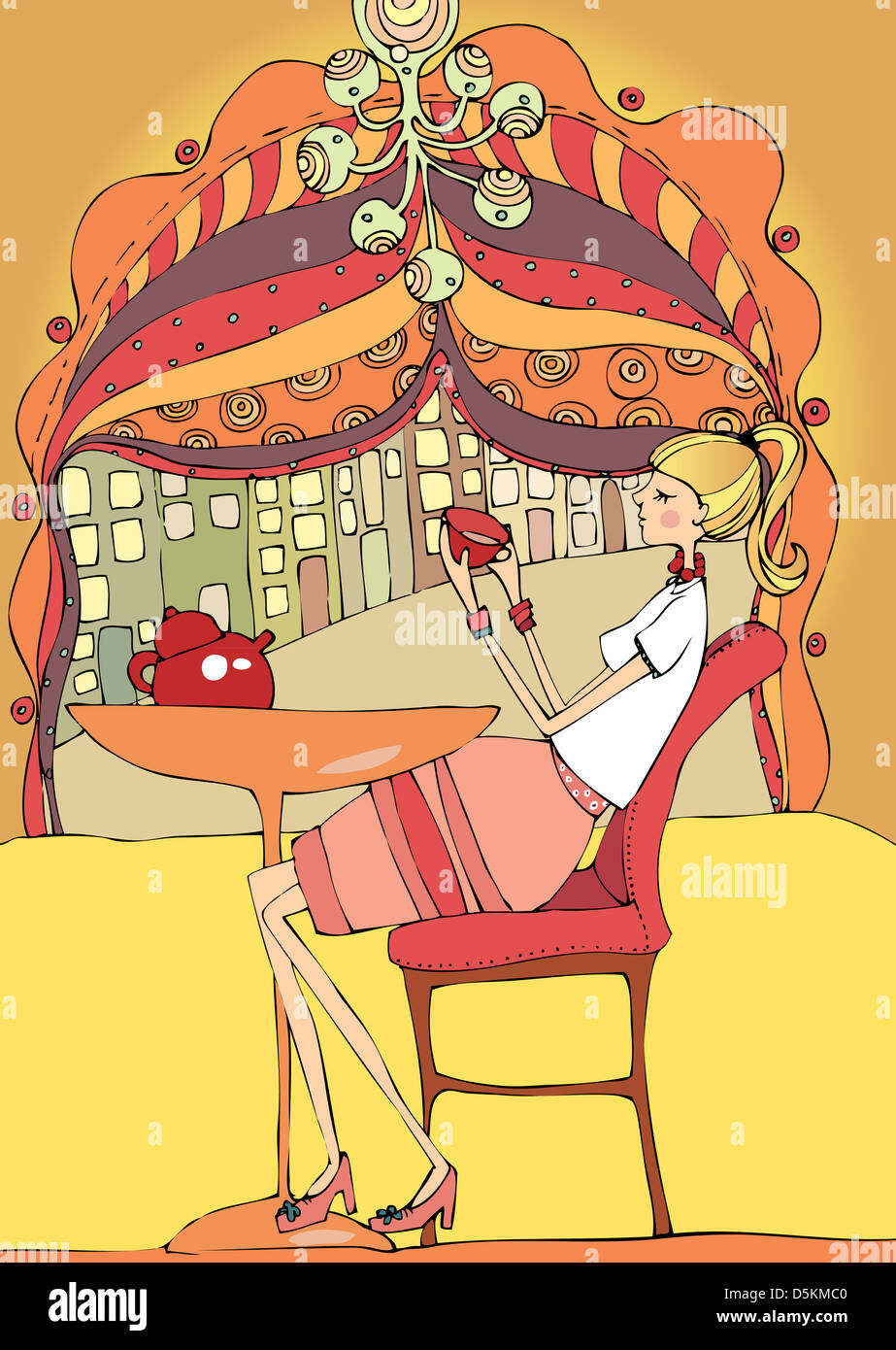 Young woman drinking her tea in a modern environment having a good and ...