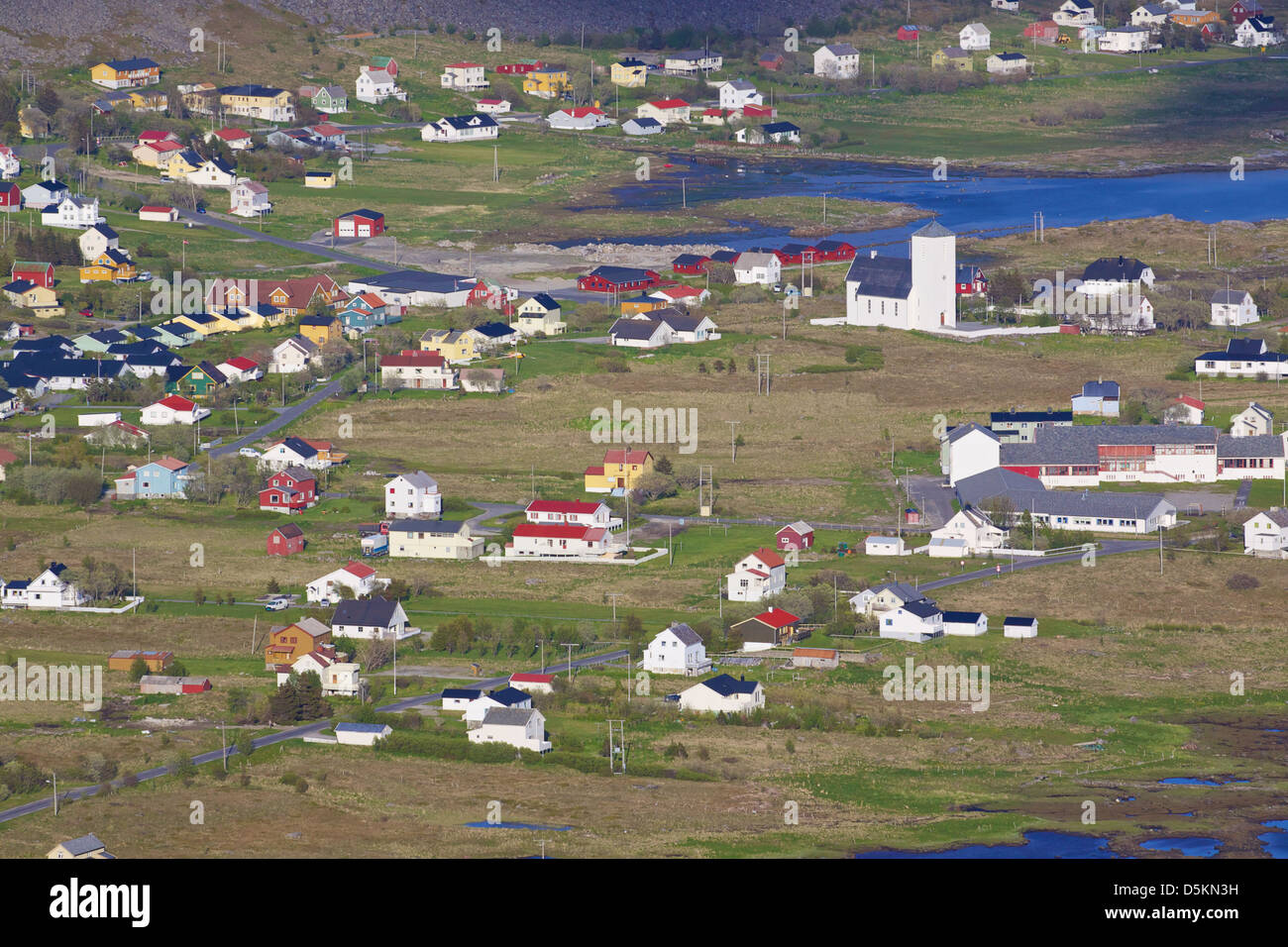 Typical norwegian town Sorland with colorful houses on island of Vaeroy ...