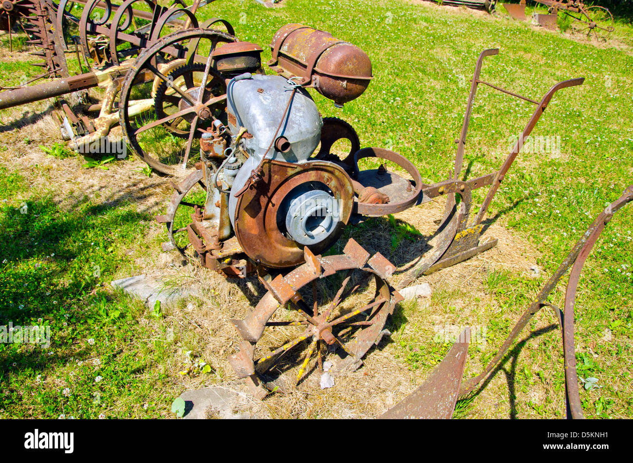 ancient rusted agriculture tools collection in farm garden Stock Photo ...