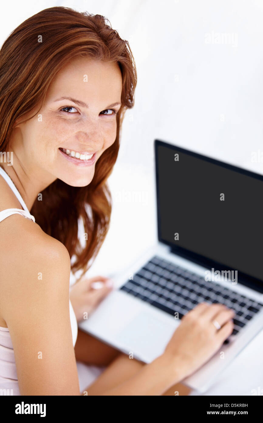 Portrait happy pretty woman laptop hi-res stock photography and images ...