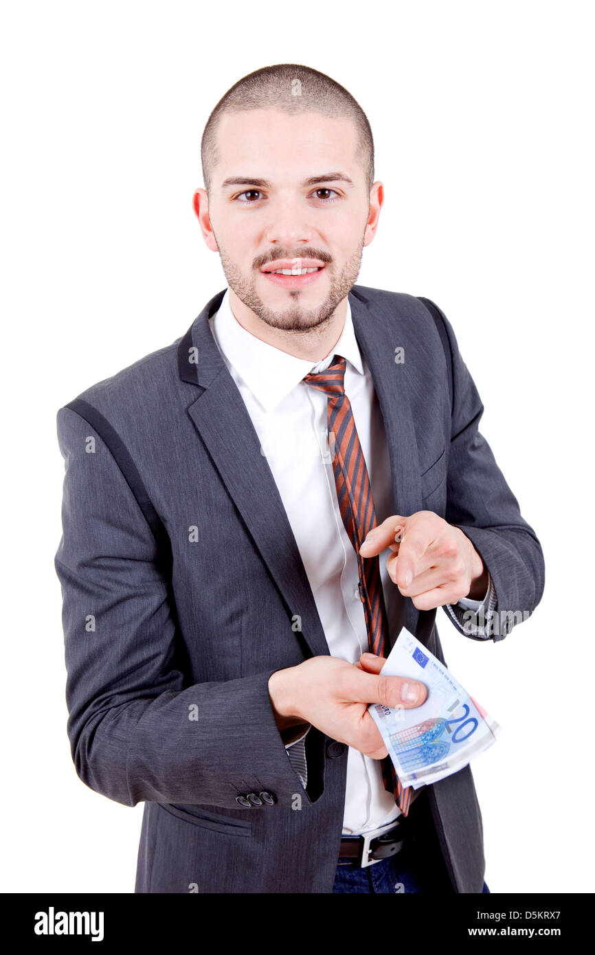 young business man with money over white background Stock Photo - Alamy