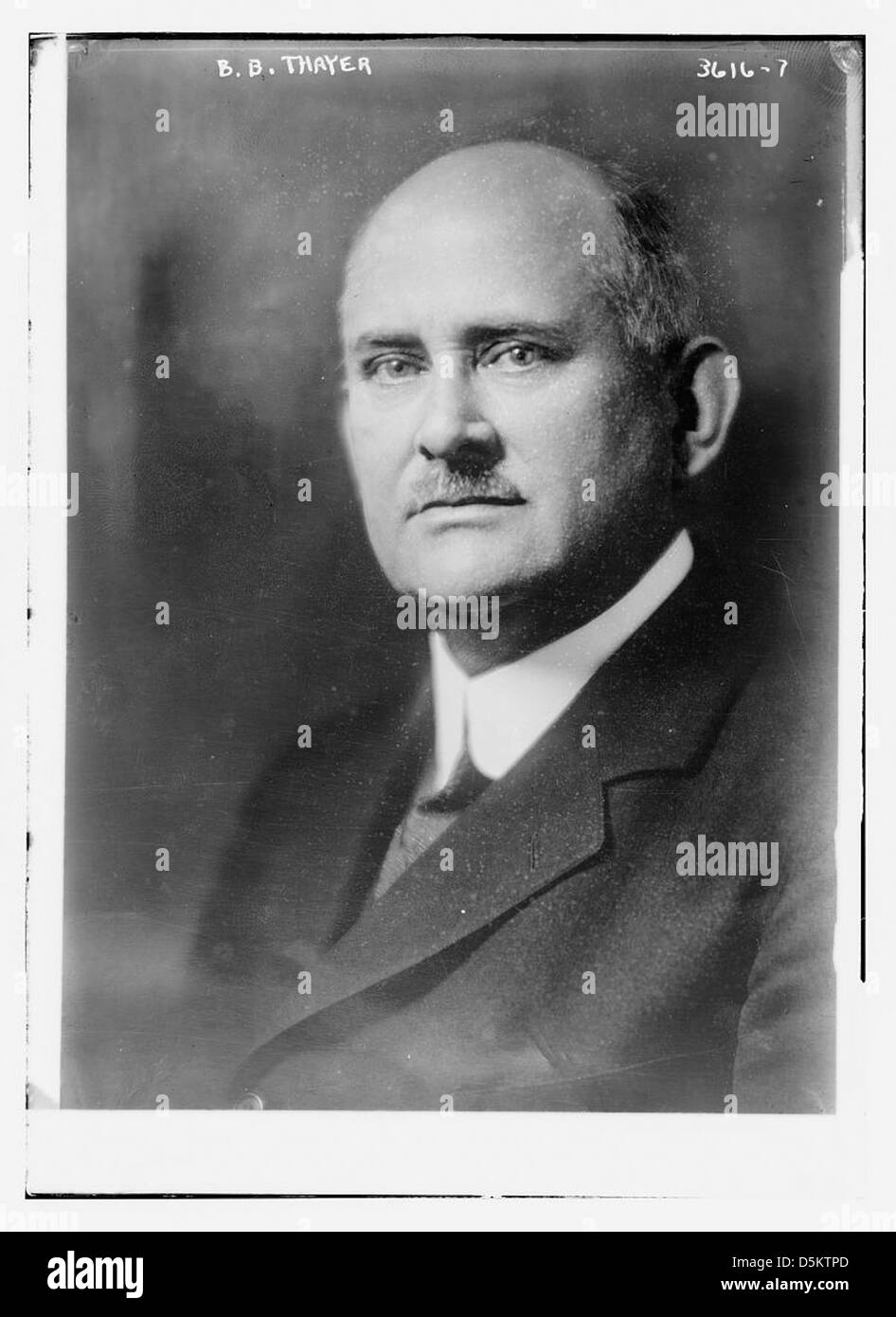 This historical image features B.B. Thayer, a man in a serious pose ...