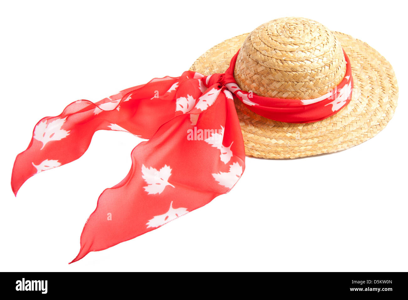 Straw hat with red shawl isolated over white Stock Photo - Alamy