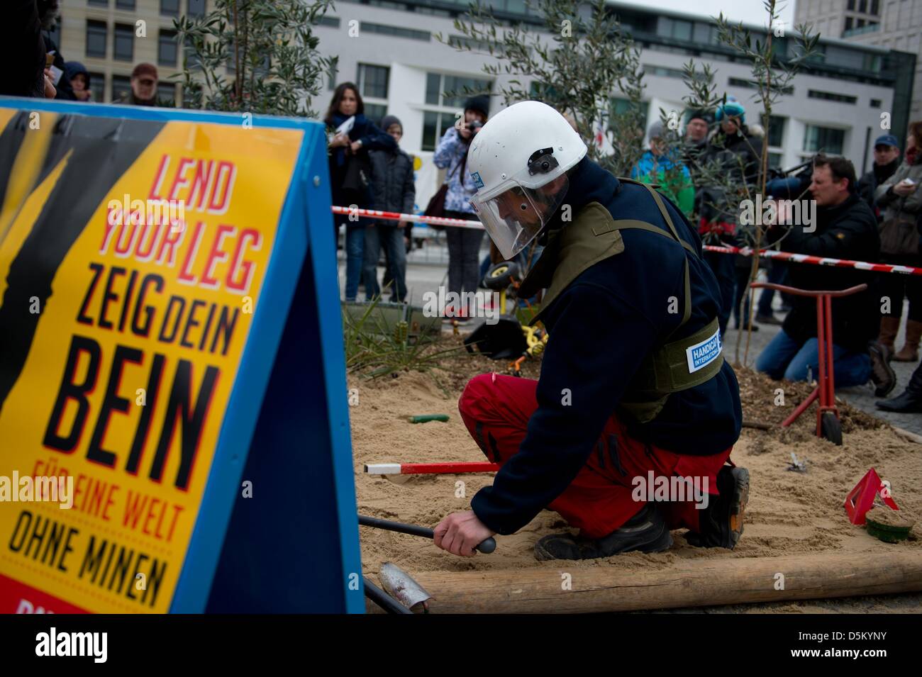 Mine clearer Olaf Kiesewetter demonstrates his working technique on the ...