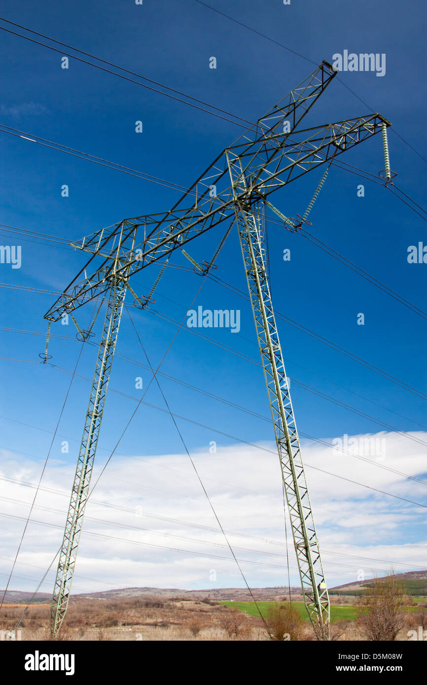 Steel lattice high voltage transmission tower under deep-blue sky Stock ...