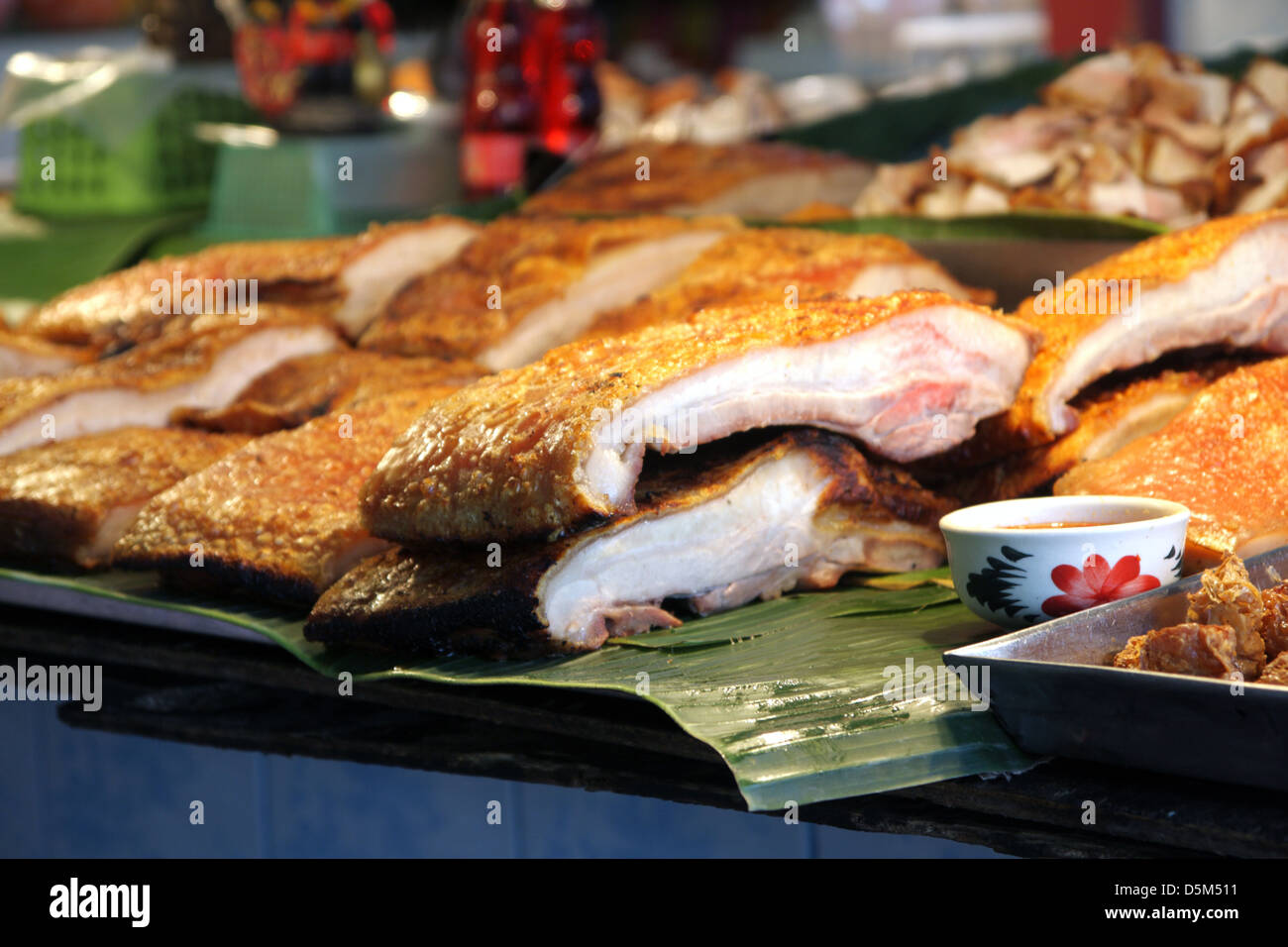 Pork roast display in food shop at Chatuchak Weekend Market , Bangkok ...