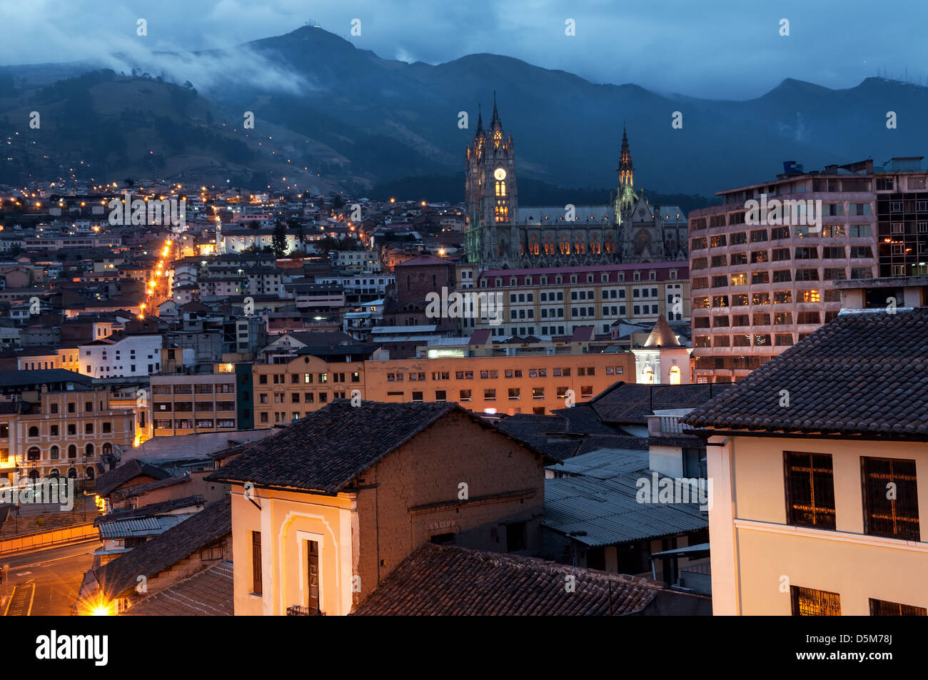 Night view of the historical center of Quito, Ecuador with the basilica ...