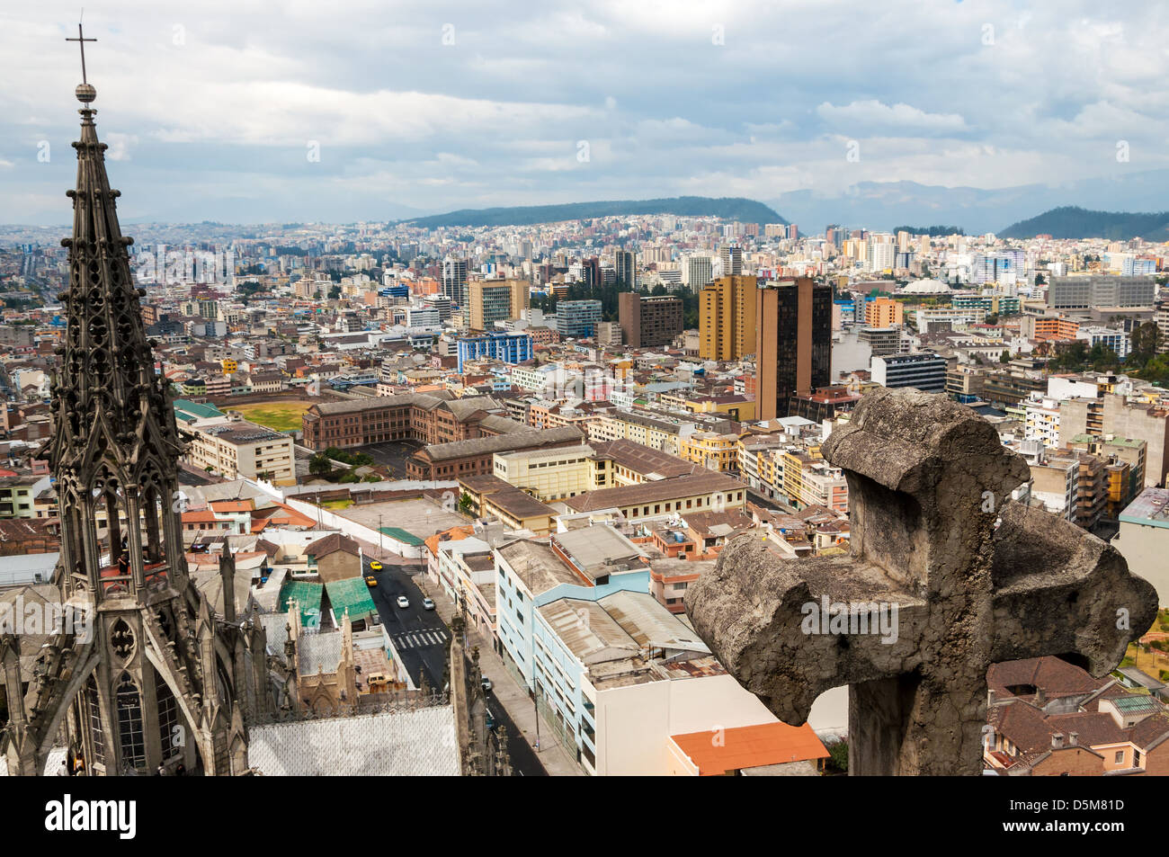 Cityscape of modern Quito, Ecuador with parts of historic basilica ...