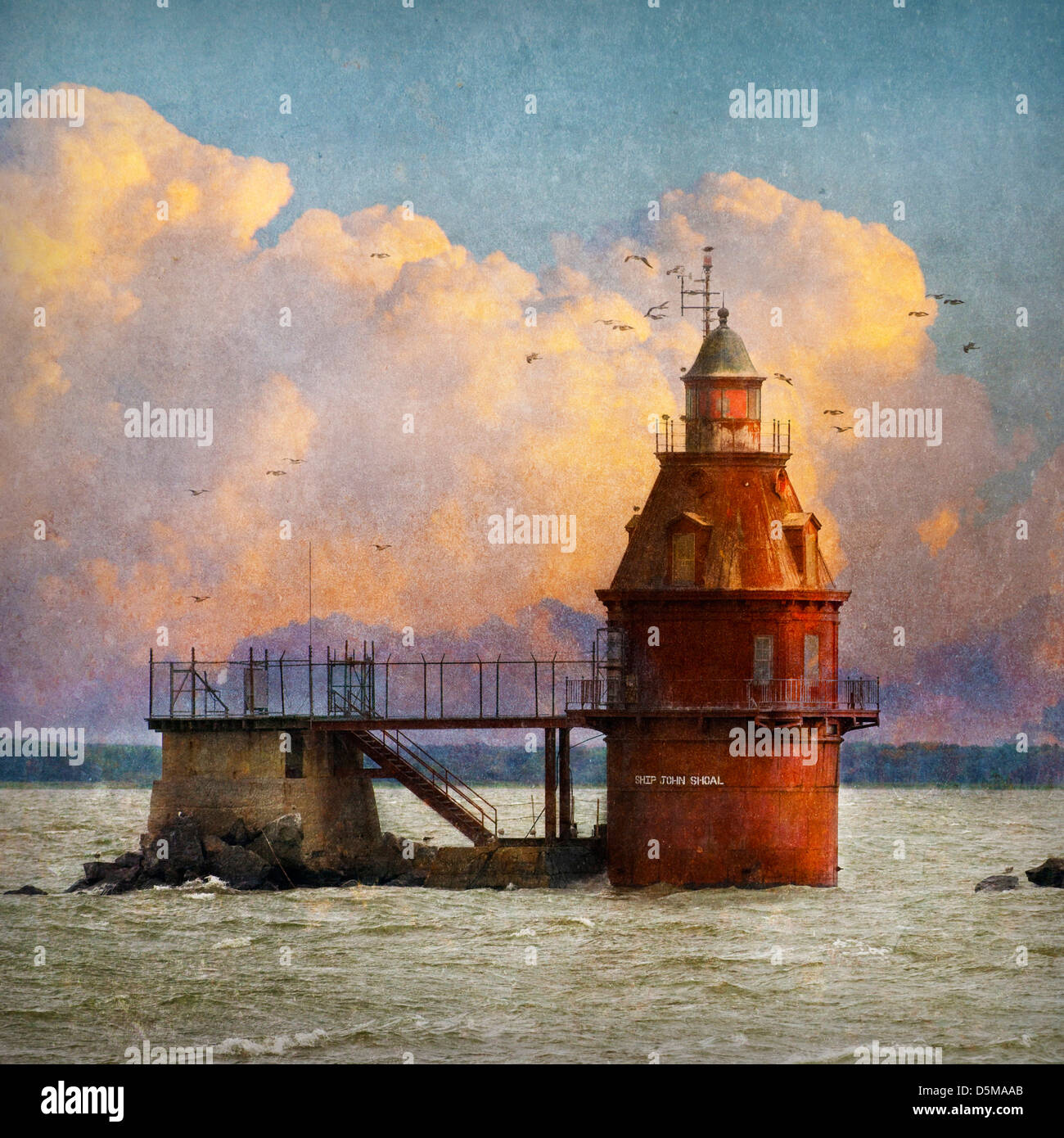 Digitally enhanced photograph of the Ship John Shoal lighthouse in ...