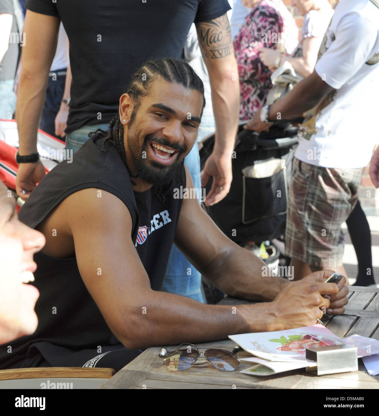 David Haye recording a TV interview outside Hyatt hotel. Hamburg ...