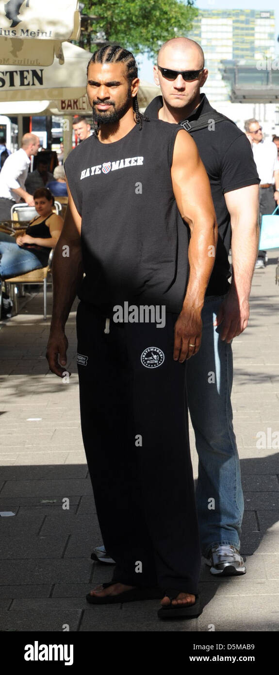 David Haye recording a TV interview outside Hyatt hotel. Hamburg ...