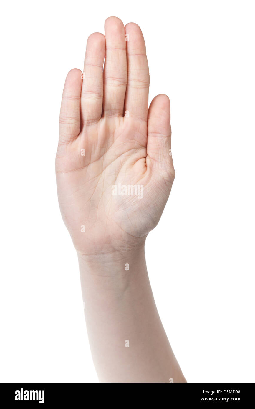 female teen hand up stop sign or asking, isolated on white Stock Photo ...