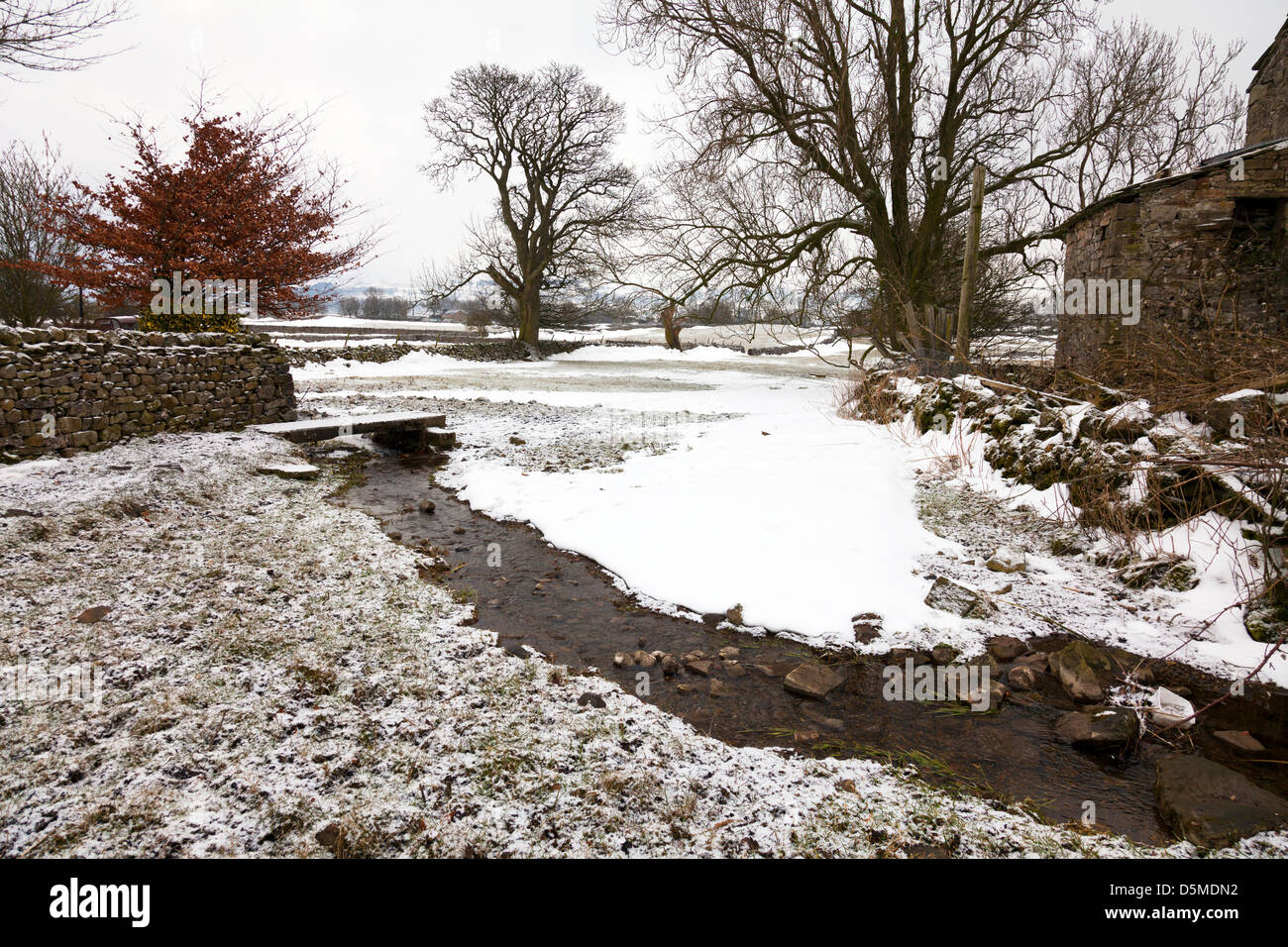small brook running through Carperby village in winter snow on ground ...