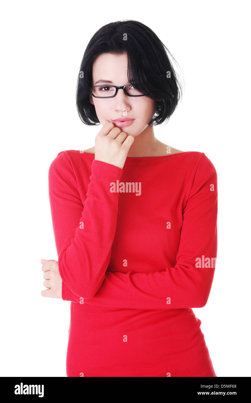 Thoughtful woman with problem, isolated on white Stock Photo - Alamy