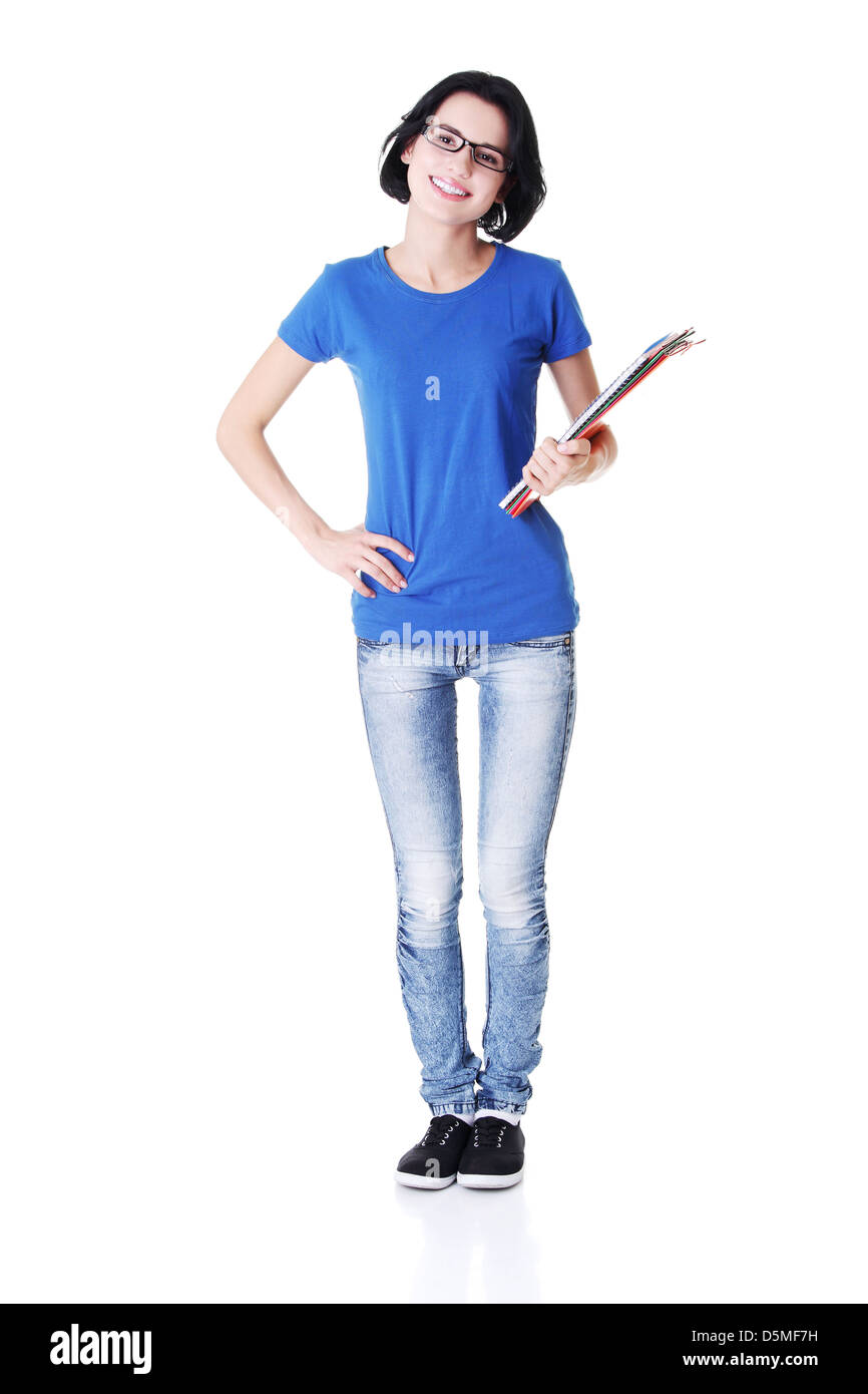 Happy student woman with notebooks, isoalted on white background Stock ...