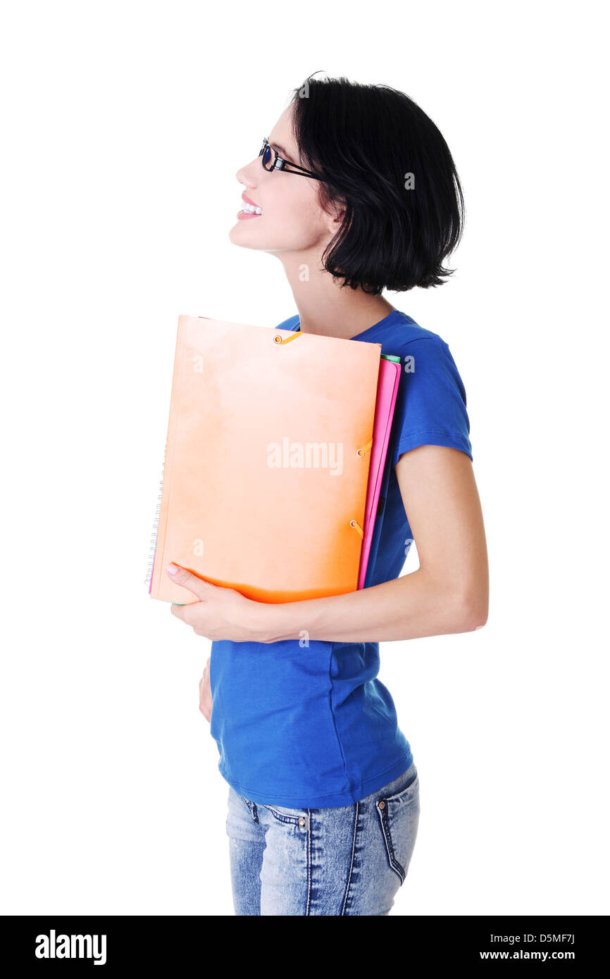 Happy student woman with notebooks, isoalted on white background Stock ...