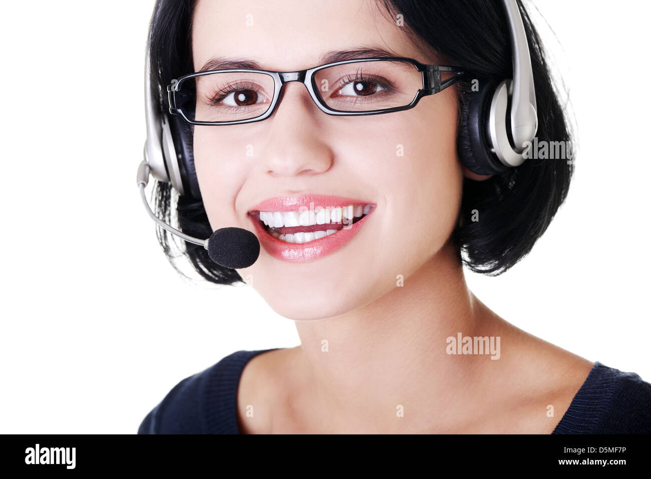 Closeup of attractive customer support representative smiling with ...