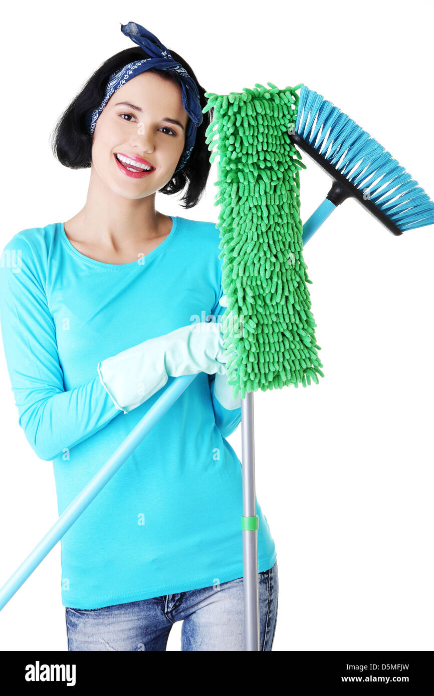 Happy cleaning woman portrait, isolated on white Stock Photo - Alamy